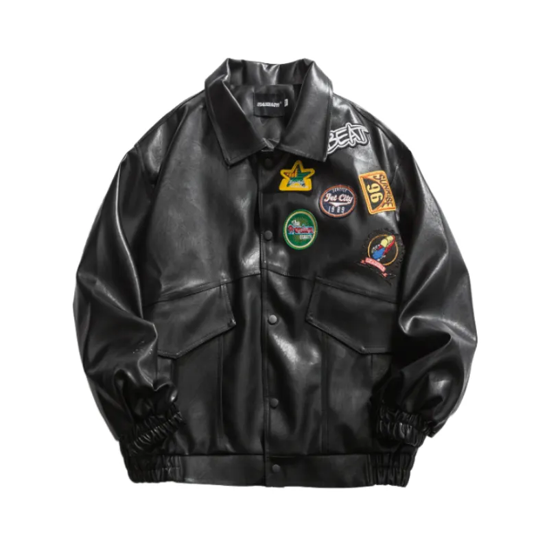 Vintage Embroidered Label Motorcycle Leather Jacket - POIZON